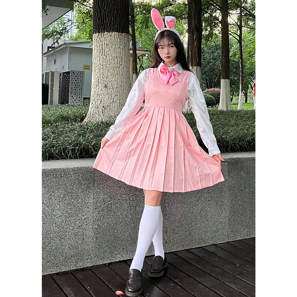 Classic Japanese School Girls Sailor Suit Dress Shirt Skirt JK Kawaii Anime Bunny Ears Cosplay Costumes Socks Bow Set Pink L