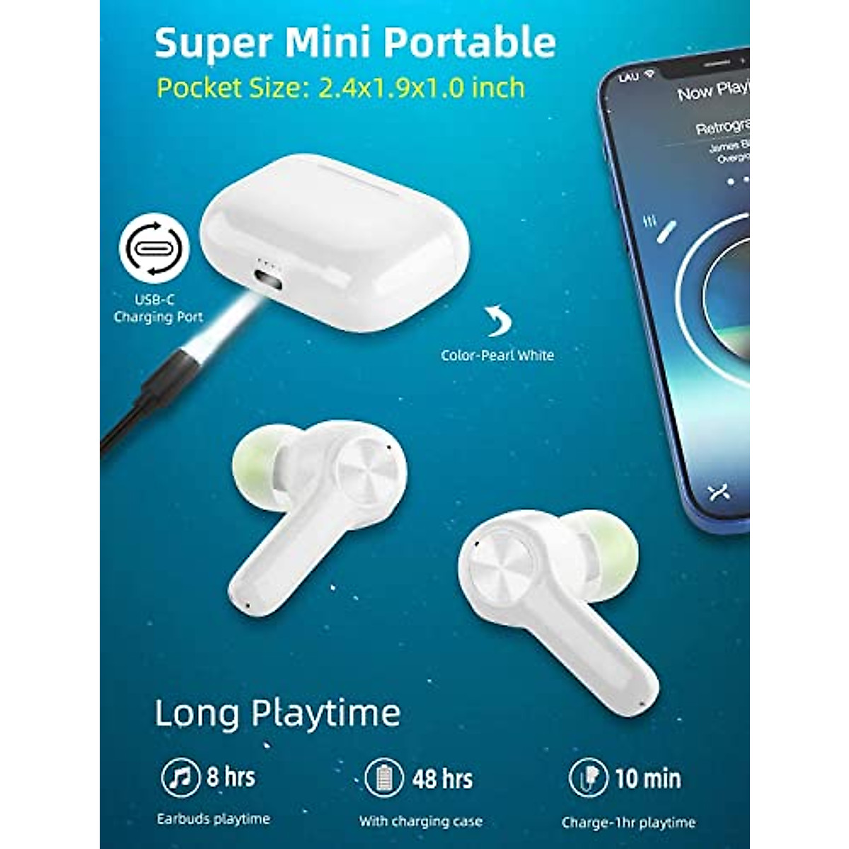 [Pearl White] Bluetooth Earbuds XLeader Pro Smart Touch Wireless Earphones with HiFi Bass USB-C Charging Case Mic 48H Playtime 6 pairs Ear Tips and Pouch Headphones for iPhone Sports Girl Working Gift