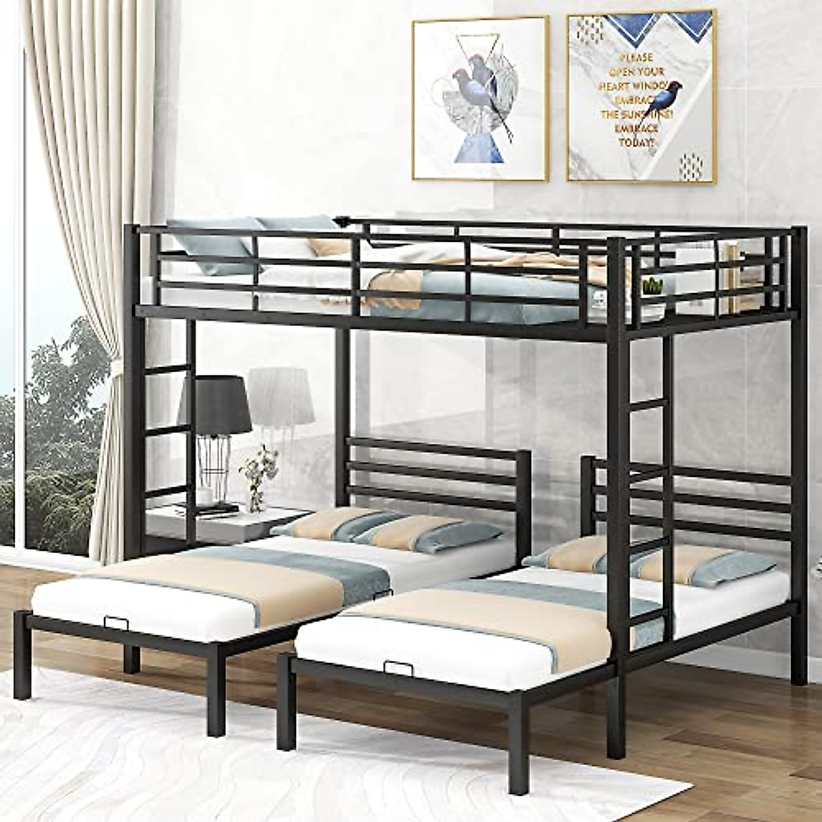DEYOBED Full Over Twin & Twin Metal L-Shaped Triple Bed Bunk Bed with Shelf and Dual Ladders - Functional and Stylish Sleep Arrangement for Kids, Teens, Adults