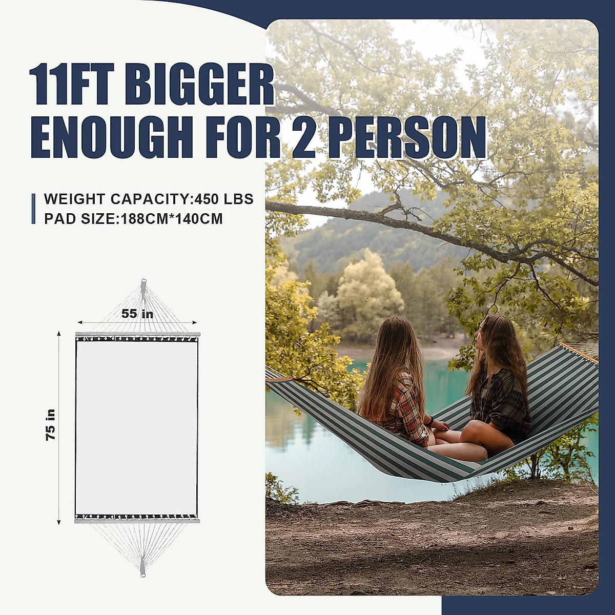 Patio Watcher 14 FT Quick Dry Hammock with Double Size Solid Wood Spreader Bar Outdoor Patio Yard Poolside Beach Hammock with Chains, Waterproof and UV Resistance, 2 Person 450 Pound Capacity