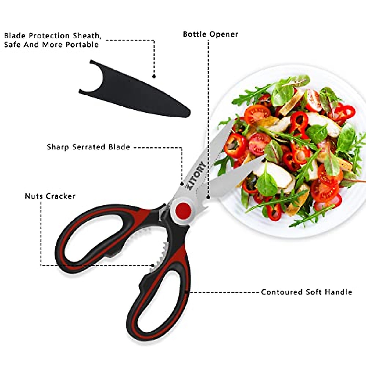 KITORY Kitchen Shears Multi-Purpose Kitchen Scissors Ultra Sharp Heavy Duty Sissors with Sheath for Poultry/Chicken/Fish/Meat/Veggies/Office/BBQ Nut cracker Bottle Opener - Red&Black