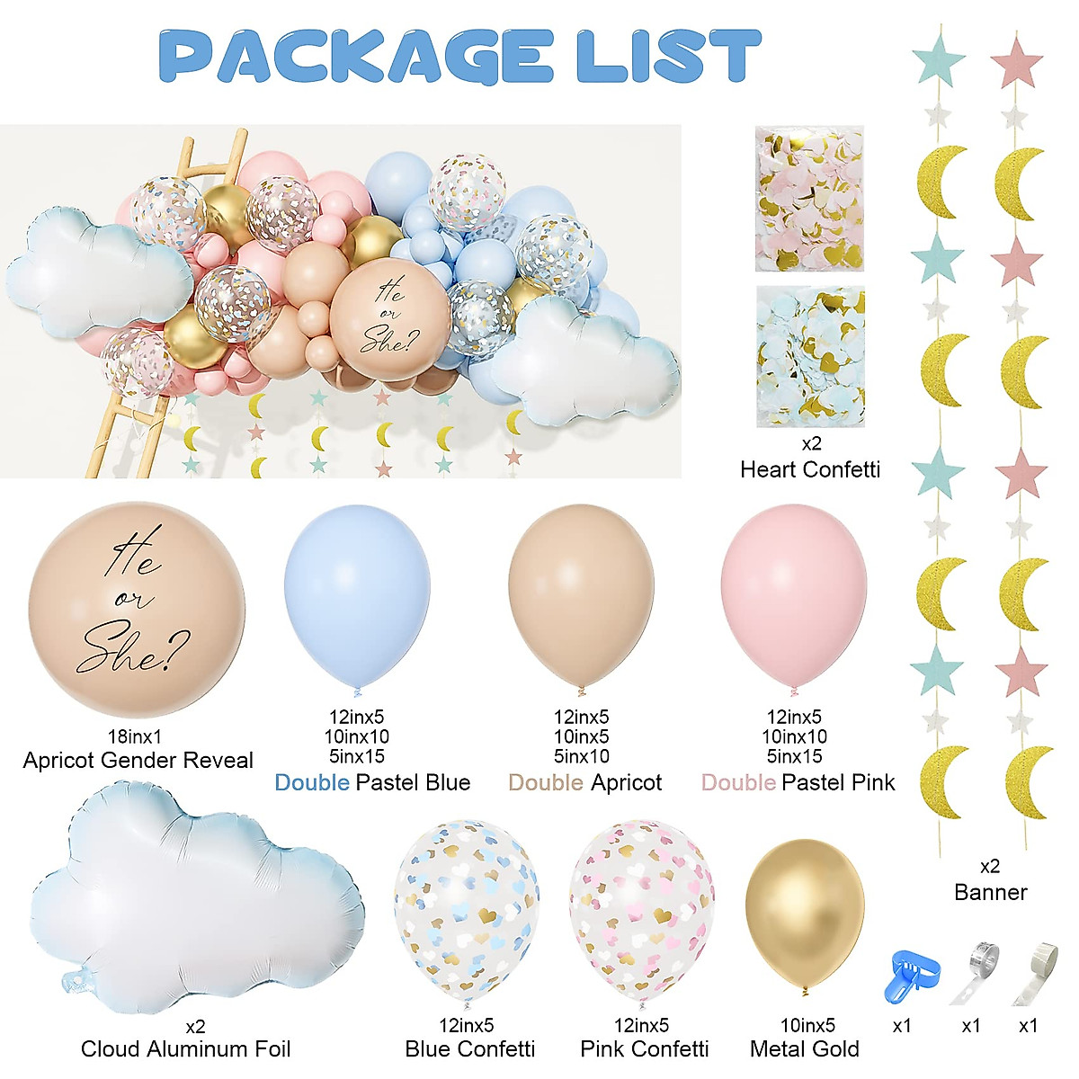 Amandir 185Pcs Gender Reveal Decorations, Double-Stuffed Pastel Pink and Blue Brown Nude Balloon Arch Kit White Cloud Hanging Moon&Star Garland Boho Neutral Boy or Girl Bear Baby Shower Party Supplies