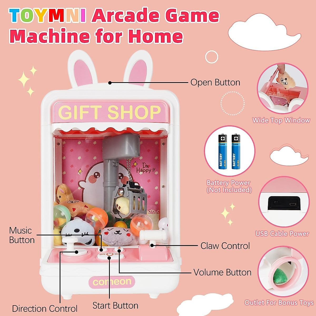 TOYMNI Mini Claw Machine, Claw Machine for Kids with Lights, Mini Vending Machine with Little Toys, Arcade Games Machines, Kids Claw Machine, Adjustable Sound and Music, Toys for Ages 8-13