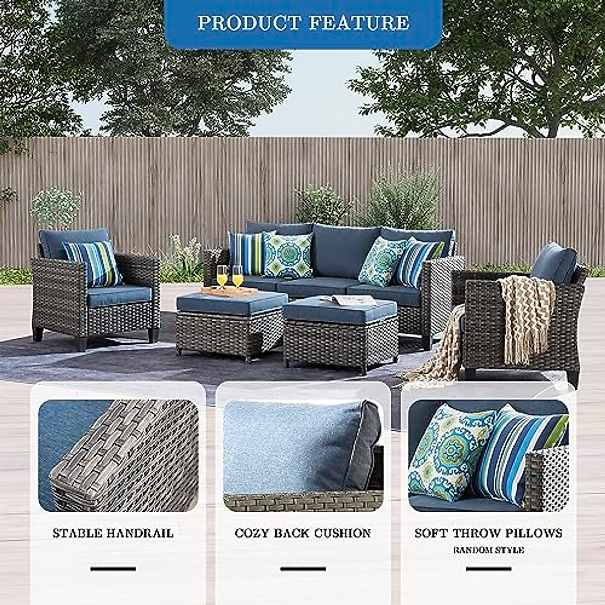 ovios 5 Piece Patio Furniture, Outdoor Furniture Sets, Modern Wicker Patio Furniture Sectional and 2 Pillows, All Weather Garden Patio Sofa, Backyard, Steel (Denim Blue)