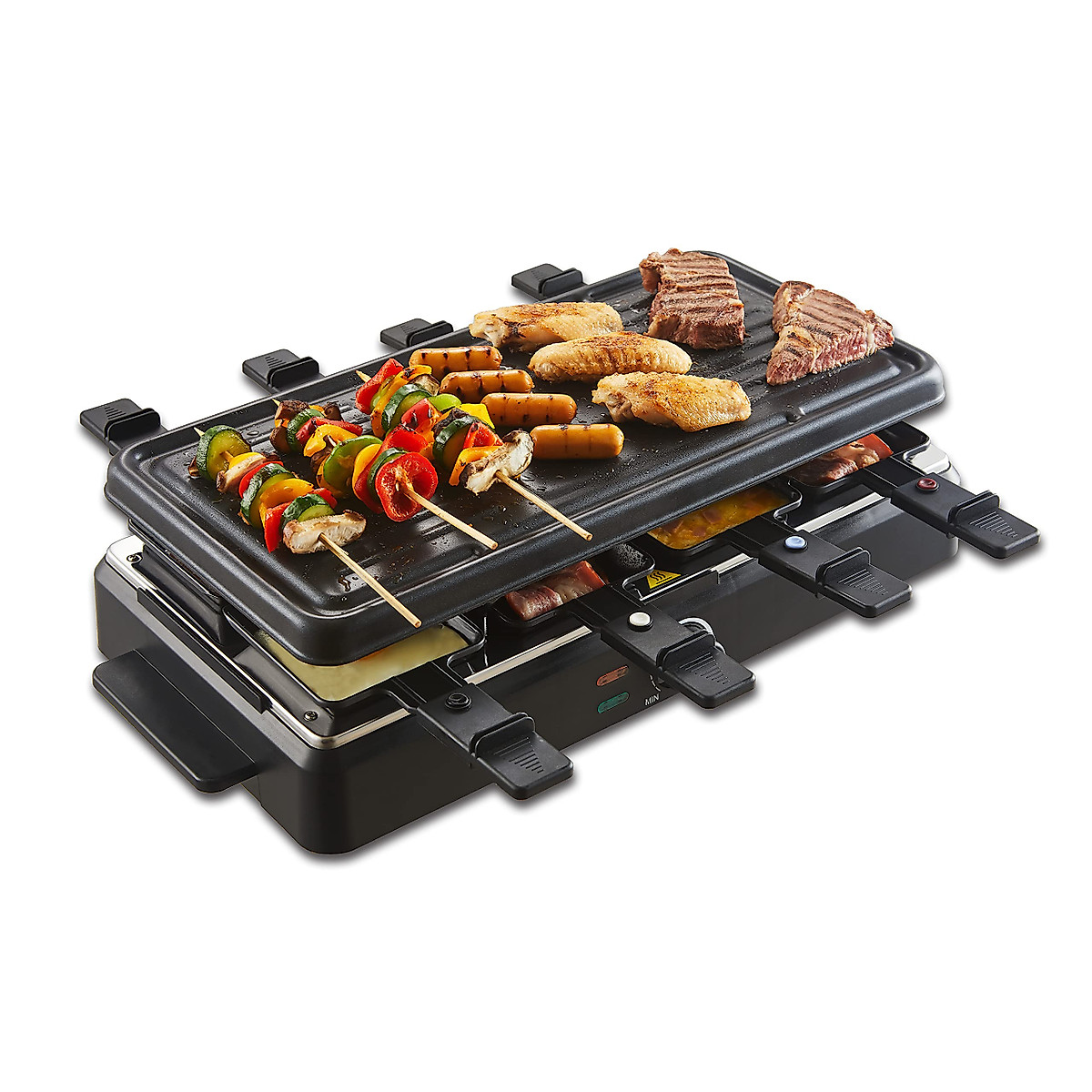 M Minca 1500 Watt Electric Raclette Grill, Korean BBQ Grill, Table Portable 2 in 1 Indoor & Cheese Raclette, Removable Hot Plate, Adjustable Thermostat, with 8 x Mini Cheese Pans & Spatulas