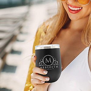 The Wedding Party Store Personalized 12 oz Insulated Stemless Wine Tumbler - Custom Engraved and Monogrammed (Black)