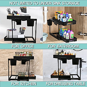 THE DWELLERY Under kitchen sink organizers and storage, 2 Pack under the sink organizer with hooks & Hanging Cup, 2 Tier Large Capacity under sink organizers and storage pull out drawers (Black) (2)