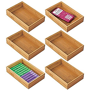 mDesign Wooden Bamboo Drawer Organizer for Office - 9" Long Stackable Storage Box Tray for Desk Drawers/Cabinet - Junk Drawer and Accessories Organization - Echo Collection - 6 Pack - Natural Wood