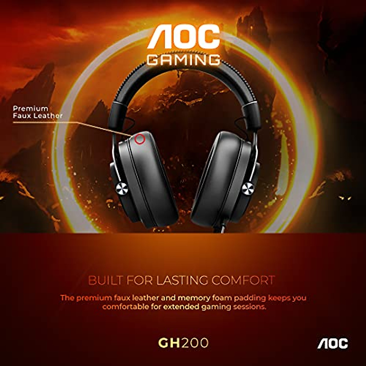 AOC Gaming GH200 Wired Gaming Headset with 2.0 Stereo Sound, Built-in Detachable Microphone, Premium Protein Leather, Integrated Control Panel and 3.5 mm Cable Connection
