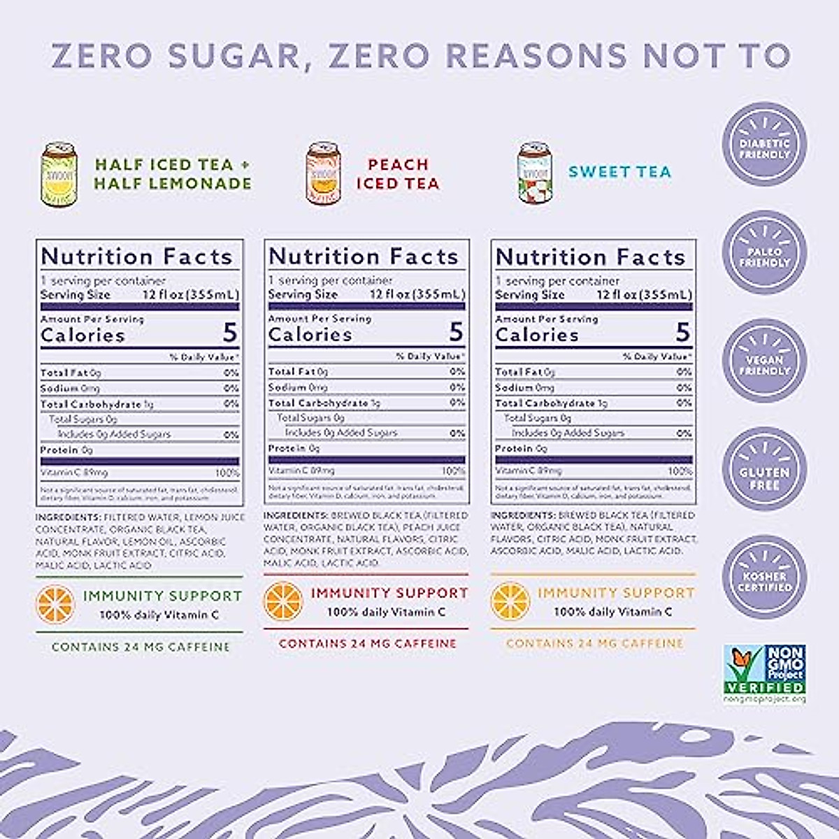 Swoon Iced Tea Variety Pack - Low Carb, Paleo-Friendly, Gluten-Free Keto Drink - Half + Half Iced Tea Lemonade, Peach Iced Tea, and Sweet Tea - 12 fl oz (Pack of 12)