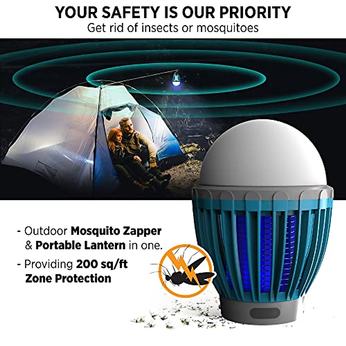 Zapout Camping Lantern Bug Buster Bulb Zapper Tent Light Portable Led and Emergency Lamp with Waterproof Mosquito Repellent Fly Killer USB 2000mAh Rechargeable Battery for Outdoor (Aqua)