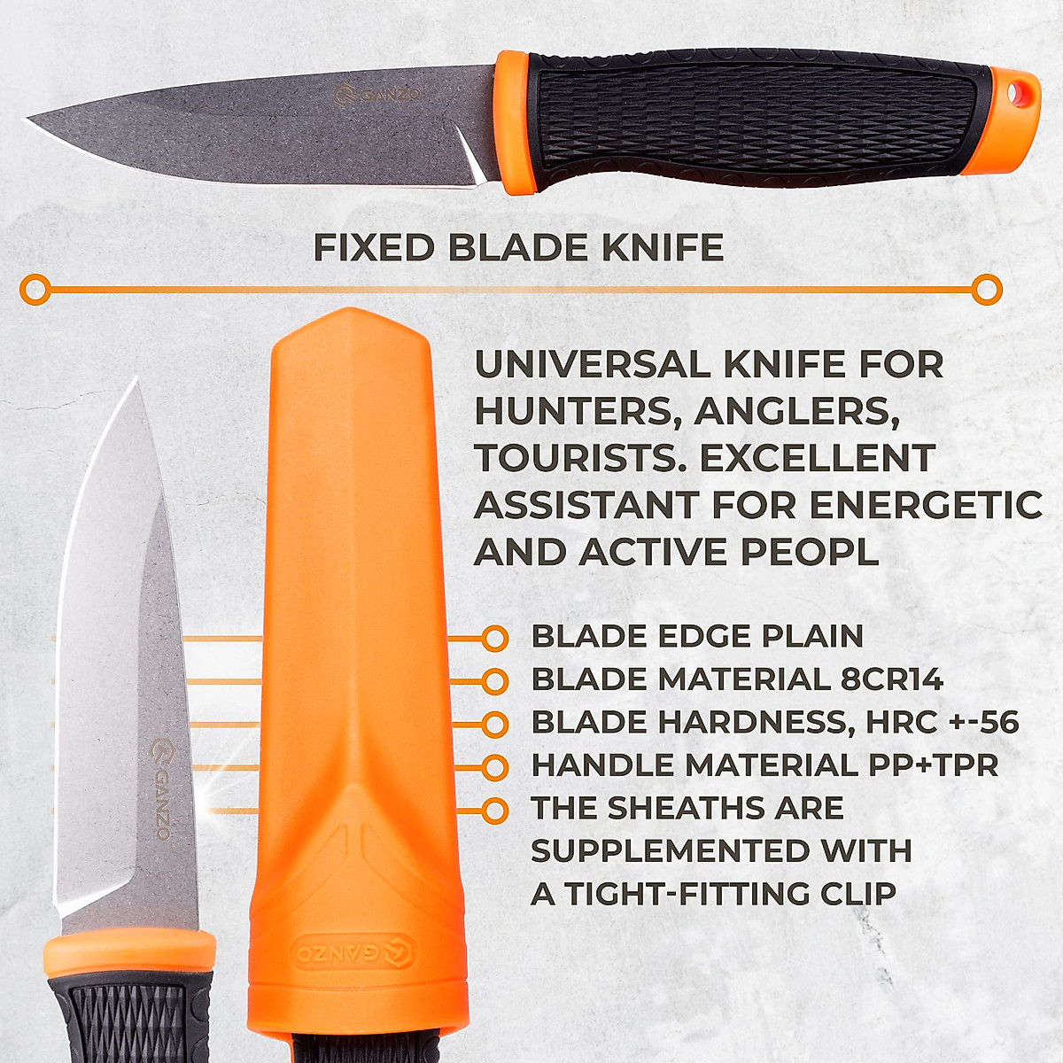 Ganzo G806-OR Fixed Blade Knife 8CR14 Stainless Steel Blade Ergonomic Anti-Slip Handle Camping Hunting Fishing Outdoor EDC Knife with Sheath (Orange)