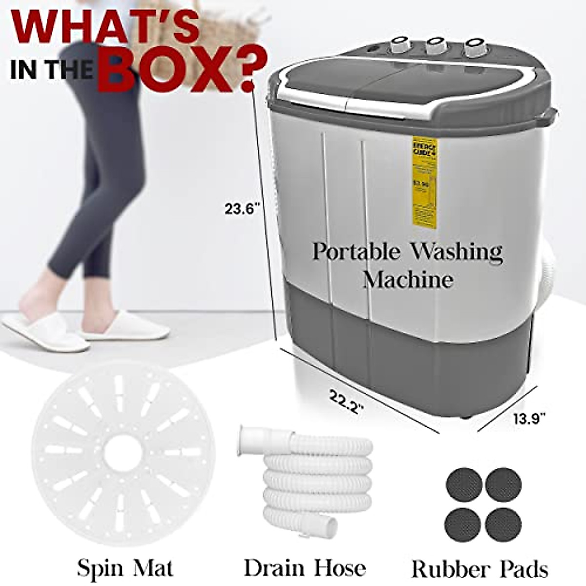 Compact Home Washer & Dryer, 2 in 1 Portable Mini Washing Machine, Twin Tubs, 11lbs. Capacity, 110V, Spin Cycle w/Hose, Translucent Tub Container Window, Ideal for Smaller Laundry Loads