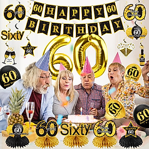 Turypaty 36Pcs 60th Birthday Decorations Kit for Men Women, Black Gold Happy 60 Birthday Banner Balloons Honeycomb Centerpiece Hanging Swirls Kit Party Supplies, Sixty Year Old Bday Table Topper