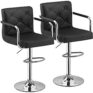 VECELO Bar Stools, Adjustable Bar Stools Set of 2, Counter Height Barstool with Back and Arms, Swivel PU Leather Bar Chairs for Kitchen/Island, Black