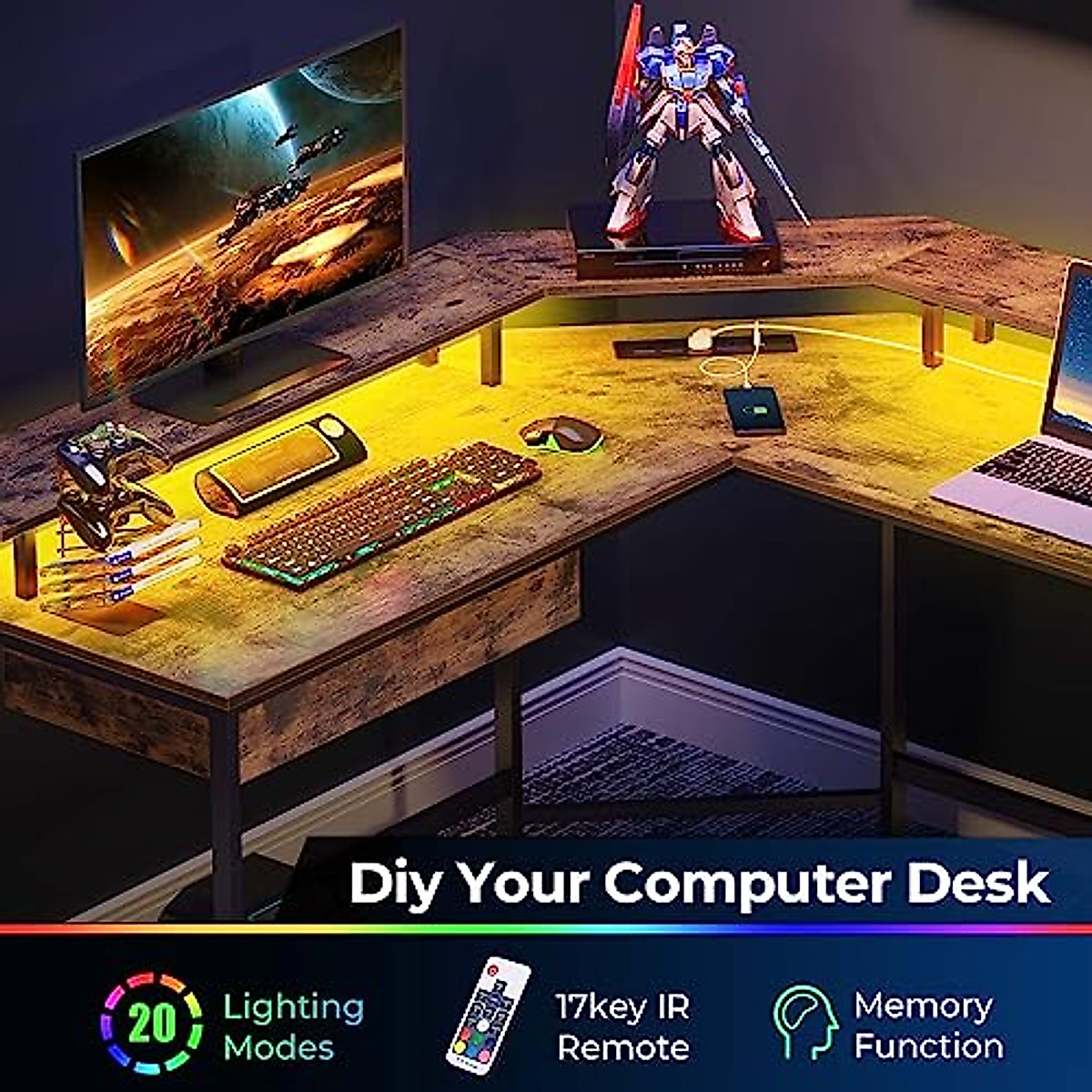 Rolanstar L Shaped Gaming Desk with Drawer, 55.1" Reversible Computer Desk with Power Outlets & LED Lights, Home Office Desk with Monitor Stand & Storage Shelf, Desk with Hooks Rustic Brown