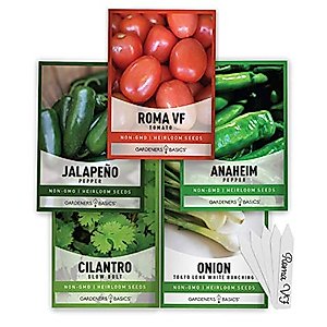 Heirloom Salsa Growing Seed Packets, Roma VF Tomato, Jalapeno, Cilantro, Anaheim and Onion Seeds for Garden Non GMO 5 Free Plant Markers Gardeners Basics