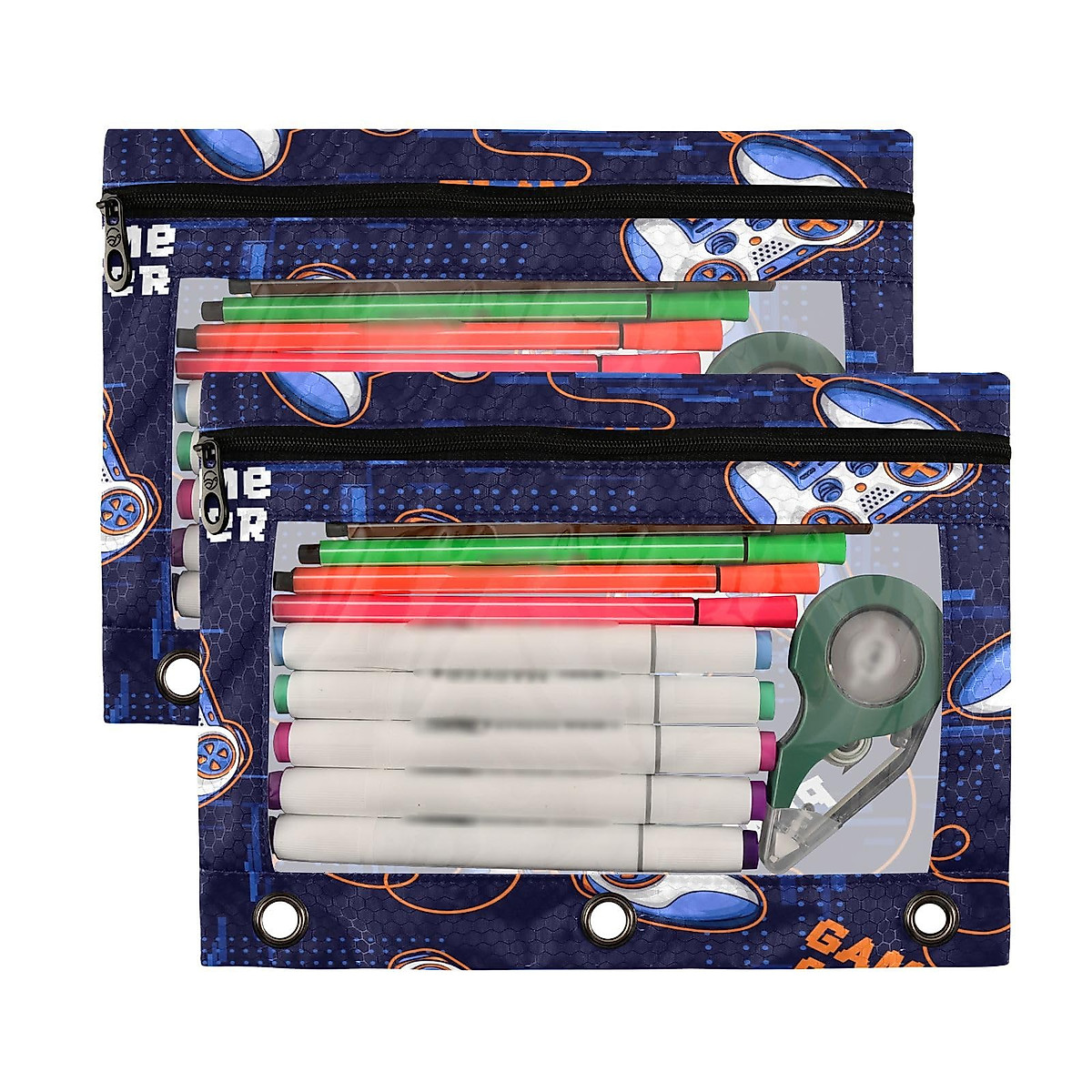 WIFIU Joystick Gamepads Pattern Pencil Pouch for 3 Ring Binder Pockets Clear Window Pencil Bag with Smooth Zipper Game Controller Pencil Case for Organization Office Supplies Cosmetics 2 Pack