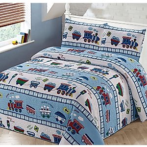 Better Home Style Red White and Blue Choo Choo Train Railroad Tracks Kids/Boys/Toddler Coverlet Bedspread Quilt Set with Pillowcases # Train (Queen/Full)