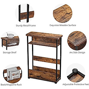 Vintage Narrow Side Table with Storage Shelf, 3 Tier Slim End Table Modern Sofa Table for Narrow and Small Spaces, 24.6 Inch Height Bedside Table Small Nightstand with Magazine Rack Space Saving