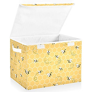 DOMIKING Yellow Bees Honey Large Storage Bin with Lid Collapsible Shelf Baskets Box with Handles Organizing Container for Nursery Drawer Shelves Cabinet