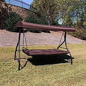 Flash Furniture Tellis 3-Seat Outdoor Steel Converting Patio Swing Canopy Hammock with Cushions / Outdoor Swing Bed (Brown)