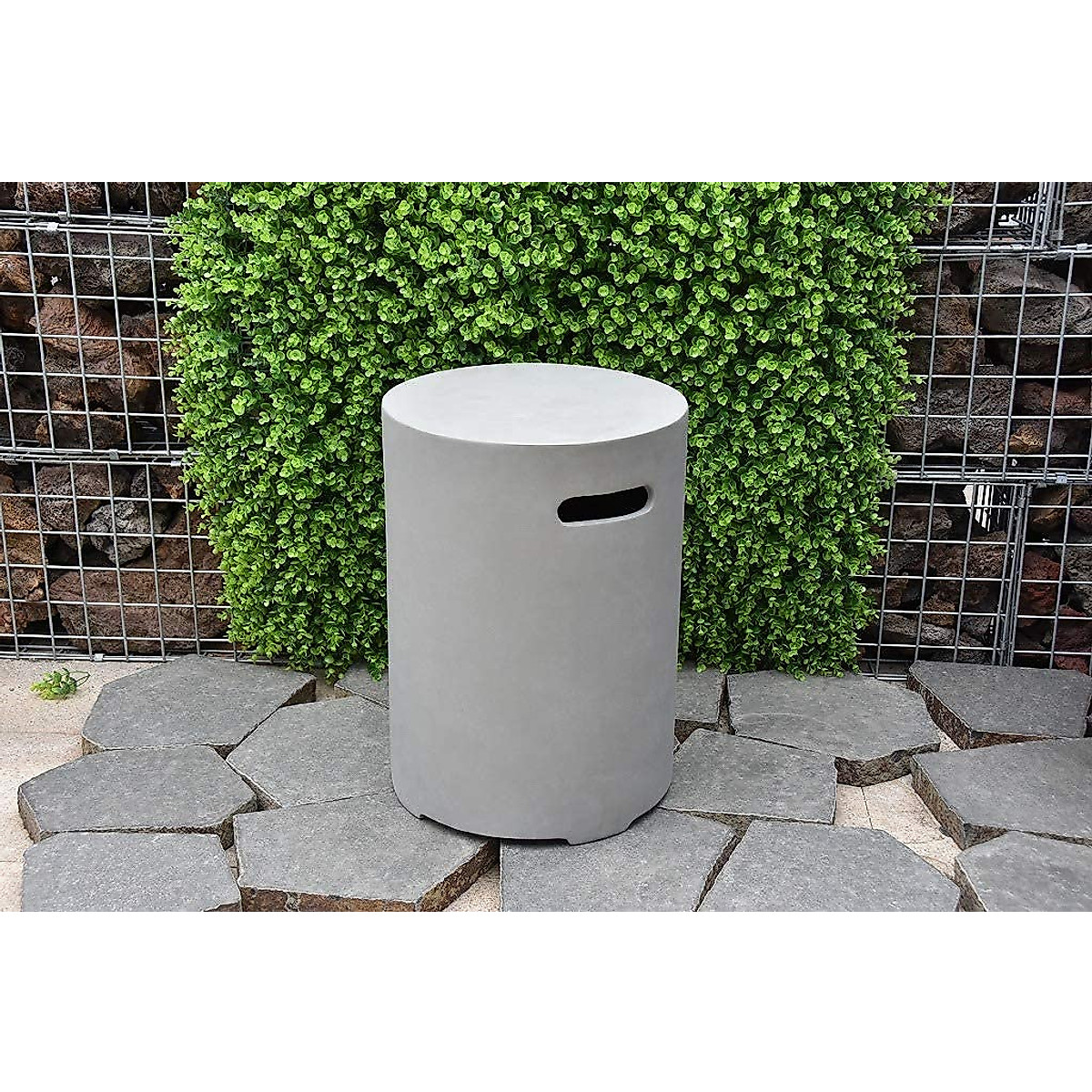 AMS Fireplace | Elementi Lunar Concrete Propane Tank Cover (Cylinder Smooth - Light Gray) | GFRC, Light Gray Color, Round Shape, Size - 15.7 x 15.7 x 20 inches | Suited for Lunar Light grey fire pit.