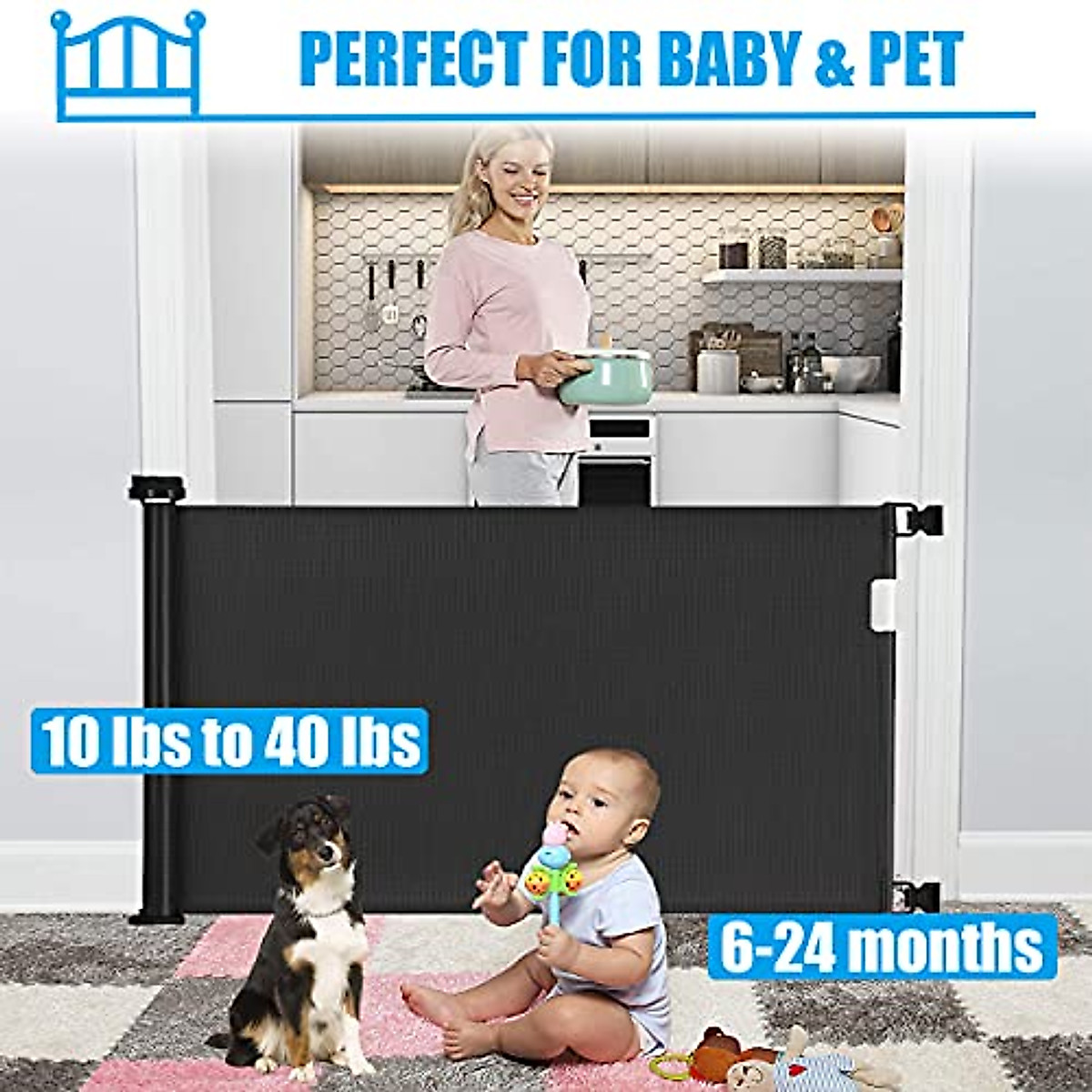 Double Elite Retractable Stair Gate 71 inch Widest Baby Safety Gate, 34” Tall, One Hand Operated Baby Gate with Spacers/Upgraded Parts, Indoor/Outdoor Stair Gate for Baby/Pet Dog/Stairway, Black