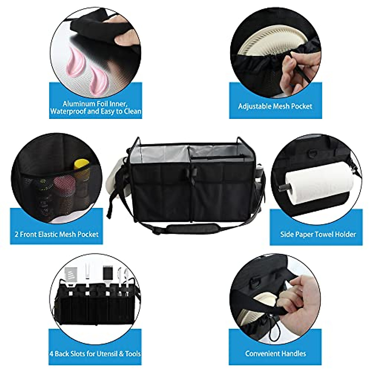 WOMACO Large Grill and Griddle Caddy with Cooler Bag, Outdoor Picnic Caddy with Paper Towel Holder, Camping Utensil Caddy for Outdoor, Camper, Travel, Car, RV (Dark Gray)