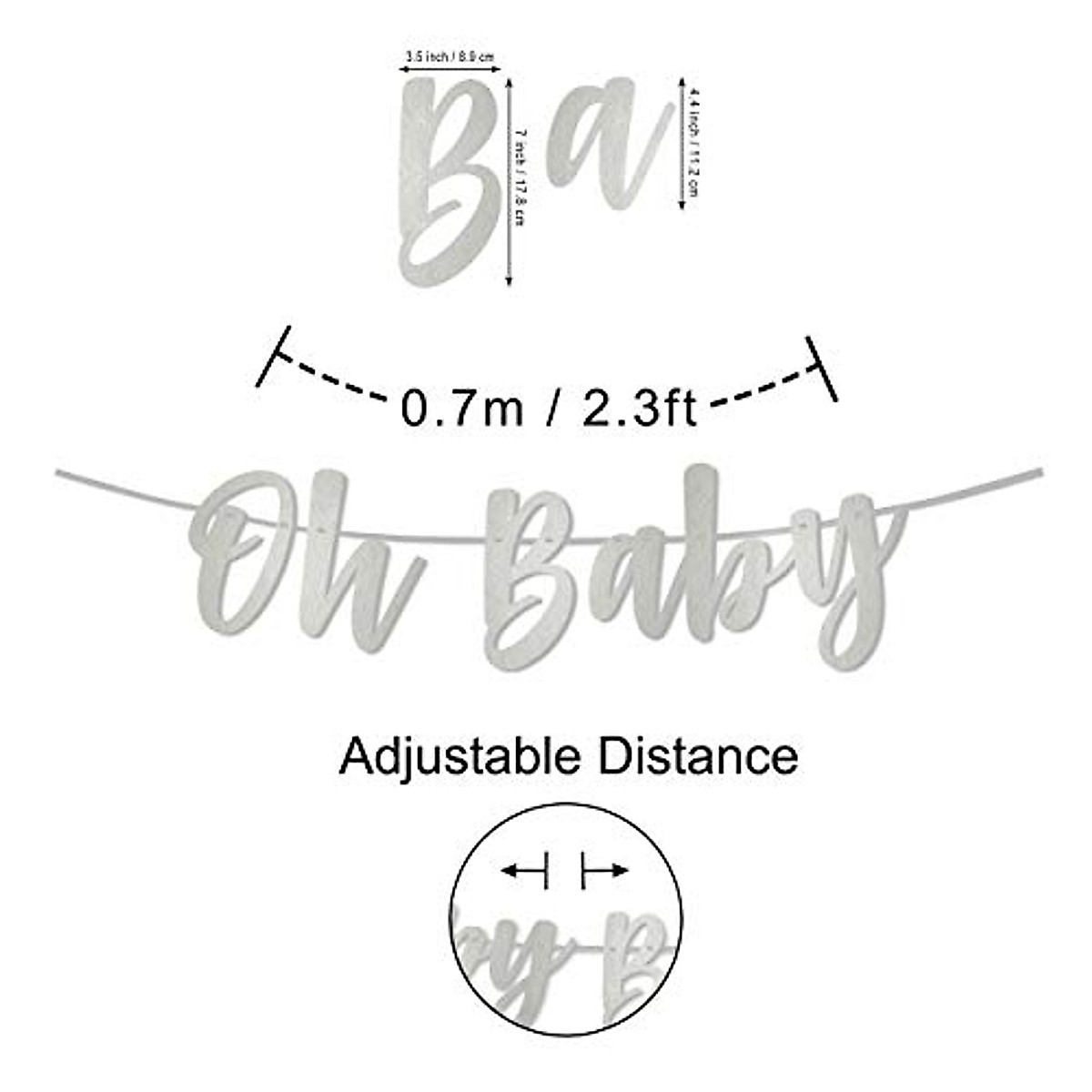 Inkdotpot Oh Baby Pre-Assembled Cursive Bunting Flags Metallic Silver Baby Shower Decor Gender Reveal Bunting Banner