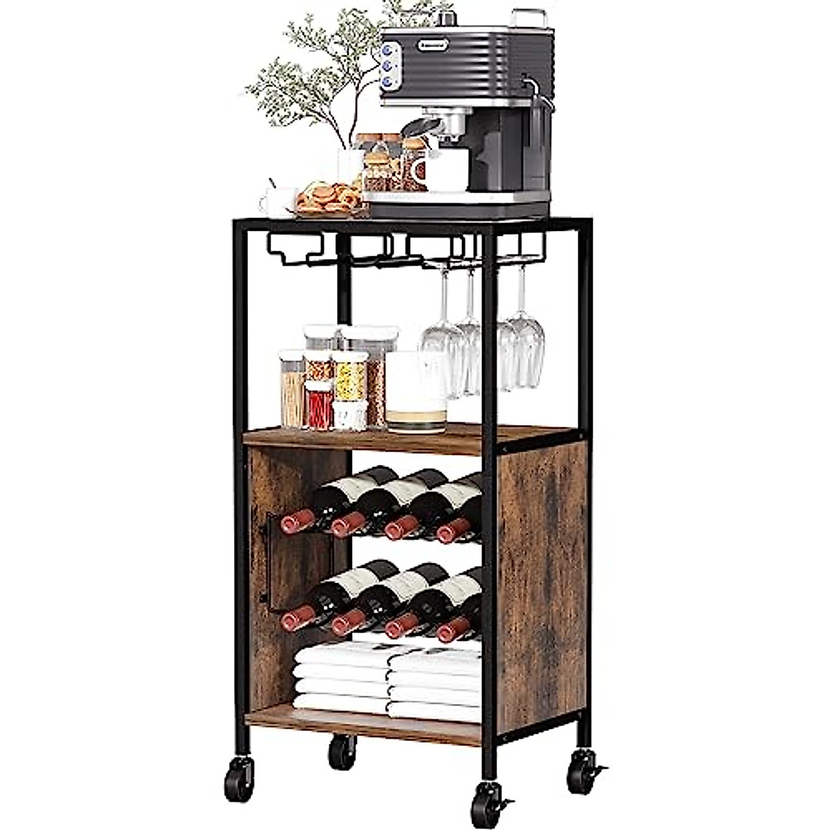 SZLHANJZ Wine Cart, Small Liquor Cart with Glass Holder, Rolling Side Table for Beverage Serving, Wood and Metal Bar Cart with Wine Rack for Home Bar, Kitchen, Living Room, Rustic Brown
