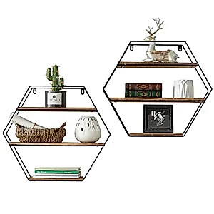 TFER Floating Shelves Wall Mounted Hanging Shelf Set of 2 Hexagon Rustic Farmhouse Shelves for Wall Decor,Storage | Metal Bracket and Reclaimed Wood Shelf for Bedroom,Living Room,Bathroom,Kitchen