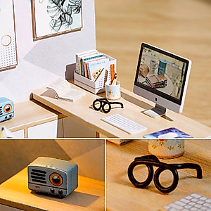 piberagi DIY Miniature Dollhouse Kit, 1:32 Scale Creative Room Mini Wooden Doll House with Furniture Plus Dust Proof for Kids Teens Adults(Study Room)