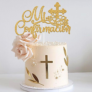 Mi Confirmacion Cake Topper, Mi Primera Comunion, First Holy Communion, Bridal Shower/Wedding/Baptism/Christening Baby Shower Party Decorations, Gold Glitter