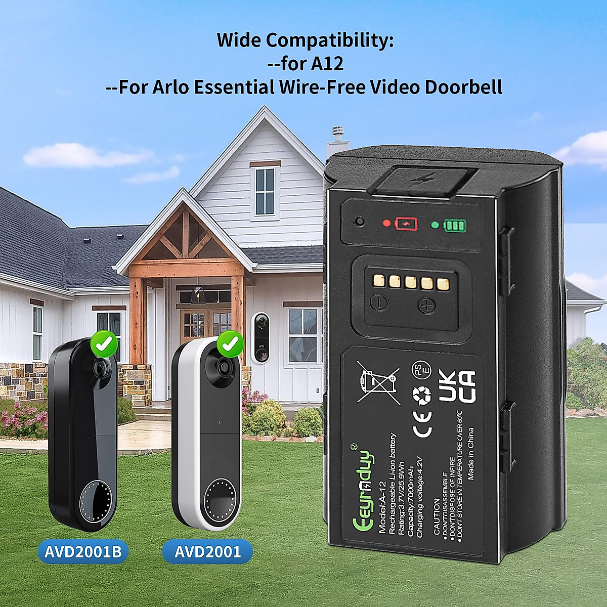 Eeyrnduy A12 Replacement Arlo Essential Wire-Free Video Doorbell VMA2400 Battery Compatible with Arlo Doorbell AVD2001 AVD2001B Rechargeable Back-Up Battery 7000 mAh