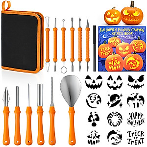JOYIN 14 Pcs Halloween Pumpkin Carving Kit, Professional Carving Set with Handbag, 12 Stencils, Stainless Steel Double-side Sculpting Tools for Jack-o-Lantern DIY Kids Party Decoration Craft Supplies