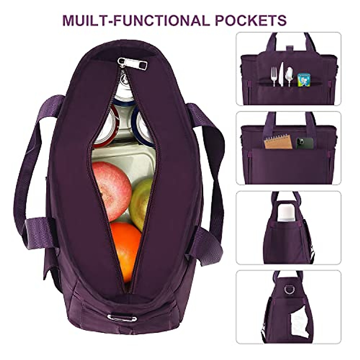 Wesugeyo Lunch Bag for Women, Insulated Lunch Box Work, Adult Meal Prep Tote Bag, Super Large Lunch Cooler Purse with Side Pockets Detachable Shoulder Strap for Picnic, Boating, Camping