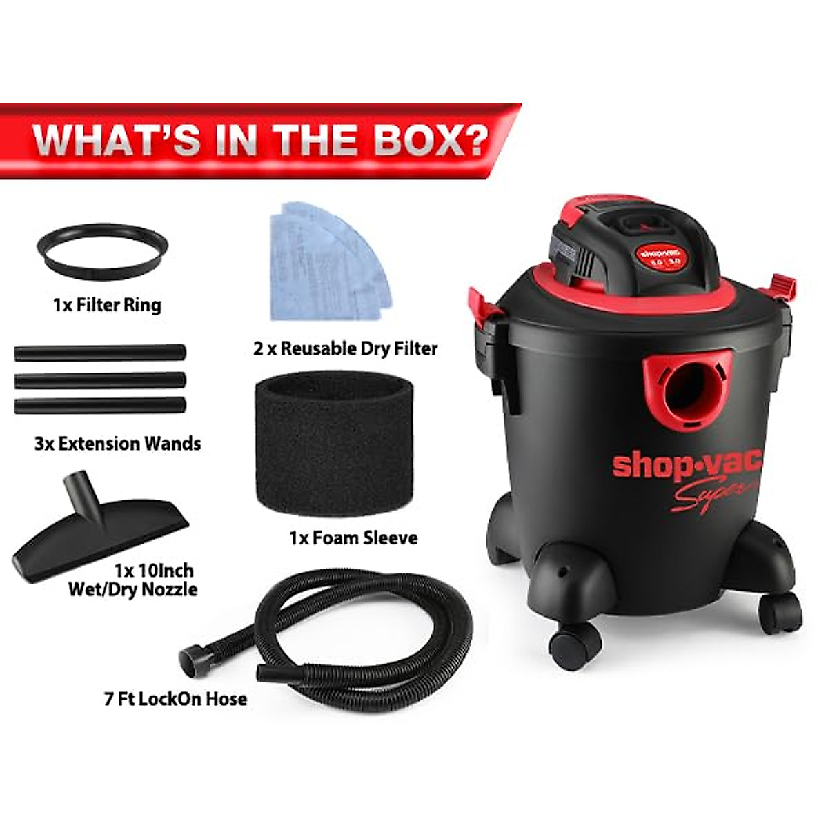 Shop-Vac 2035089 5 Gallon Wet/Dry Vacuum, 2.5 Peak HP, 1.25 Inch Diameter x 7 Foot Hose, 7 Ft Cord Length, Includes Extension Wands and Nozzle