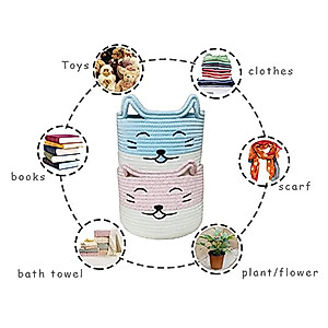 Small Woven Cotton Rope Storage Basket,2 Pack Cute Cat Cotton Rope Baskets with Handle,Baby Nursery Organizer for Toy Storage Bin | Pet Gift Basket for Cat,Dog,10 x 10 x 7 Inch