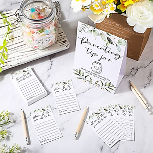 Roowest Baby Shower Advice Cards for New Parents to Be - Tip Jar Sign for New Parents 60 Parenting Advice Cards 10 HB Pencils 2 Cute Stickers 1 Pet Bottle for Guests Games(Leaf)