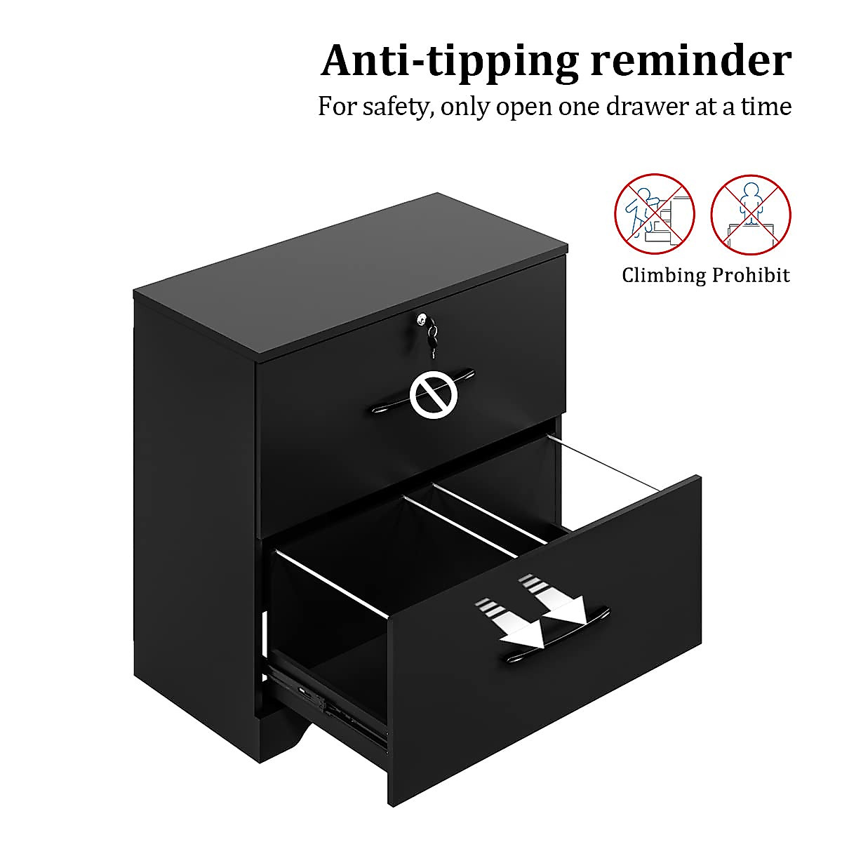 2 Drawer File Cabinet with Lock, Wooden Lateral Storage Home Office Filing Cabinet with Anti-tilt Mechanism with 8 Hanging Bars for Letter/Legal Size (Black)