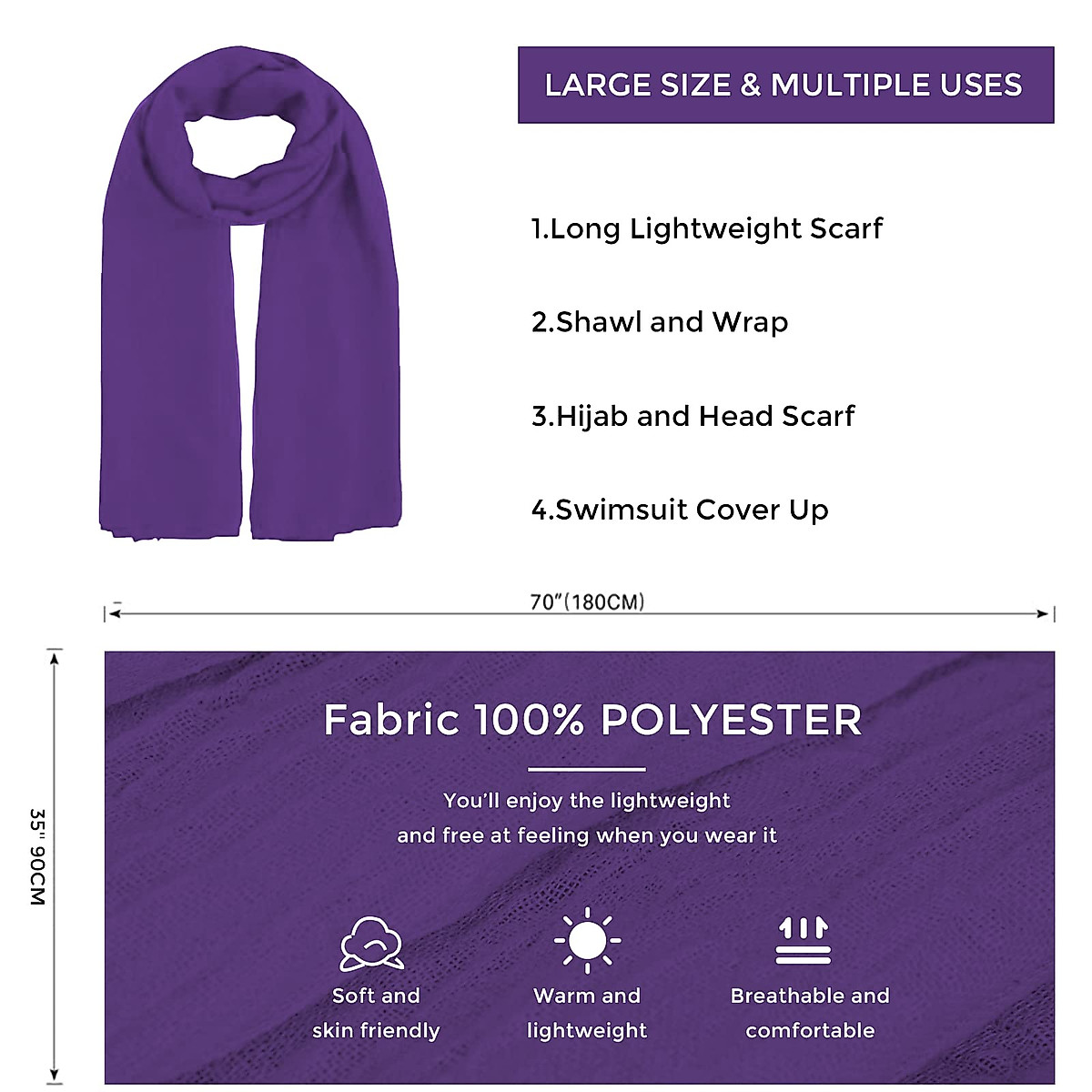 MissShorthair Womens Solid Color Scarfs Long Lightweight Scarf for Women Large Sheer Wrap Shawl