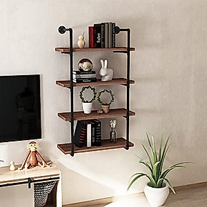HOMCOM 4-Tier Industrial Pipe Shelves Floating Wall Mounted Bookshelf, Metal Frame Display Rack, 1.25" Thickness Shelving Unit for Farmhouse, Kitchen, Bar, Rustic Brown