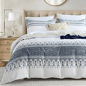 DUOMING Boho Duvet Cover King - 100% Cotton Duvet Cover King Size, White Blue Duvet Cover King with Zipper Closure & 8 Ties, 3 Piece 90x104 Bohemian Duvet Cover Set