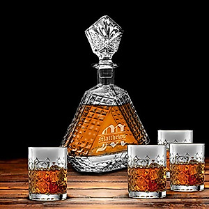 Custom Engraved and Personalized Scotch Whiskey Bourbon Glass 23 oz Triangle Decanter and 4 Glasses Set