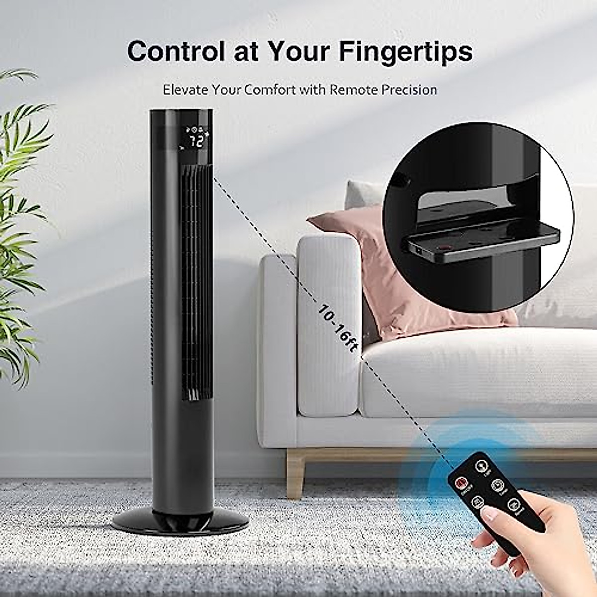 R.W.FLAME Tower Fan, Oscillation fan with Remote Control, Standing fan for office, 3 Wind Modes,Time Settings, Portable Bladeless Floor Fans for Home with Children/Pets/Elders(35", Black)