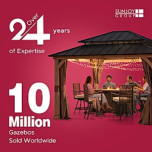 Sunjoy Wooden Grill Gazebo, 8 x 12 ft. Steel Hardtop Gazebo with Solar Power for Year-Round Grilling - 2 Full Size Grills, Griddles or Smokers - Outdoor Cooking Shelter for Backyard BBQs Party, Brown