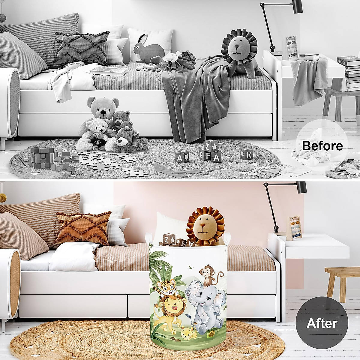 Clastyle 63L Large Rainforest Animals Kid Laundry Hamper with Handle Boy Girl Bedroom Bathroom Nursery Clothes Toy Storage Basket with Lid