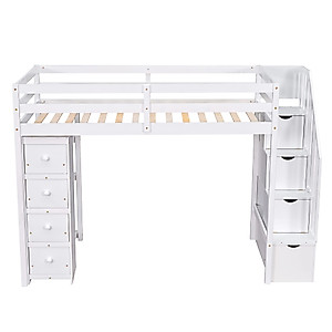 MERITLINE Twin Size Loft Bed with Stairs and Storage,Wooden Twin Loft Bed with 4 Drawers and Shelves, Kids Loft Bed Twin for Girls Boys Bedroom, Dorm(Twin,White)