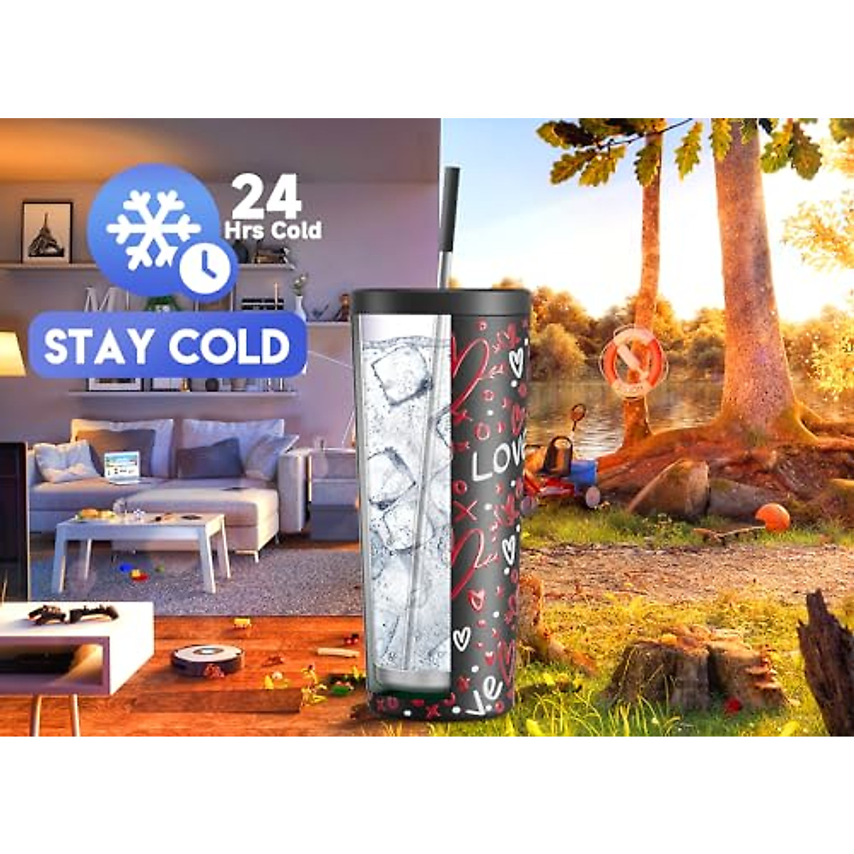 Meoky 40 oz Tumbler with Handle and Straw, 24 oz Insulated Tumbler with Lid and Straw, Stainless Steel Vacuum Insulated Tumbler, Keeps Cold, 100% Leak Proof, Fits in Car Cup Holder (Romance)